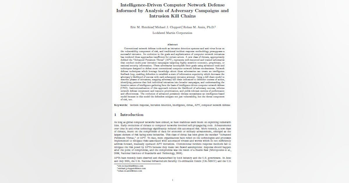 Intelligence Driven Computer Network Defense Informed By Analysis Of Adversary Campaigns And